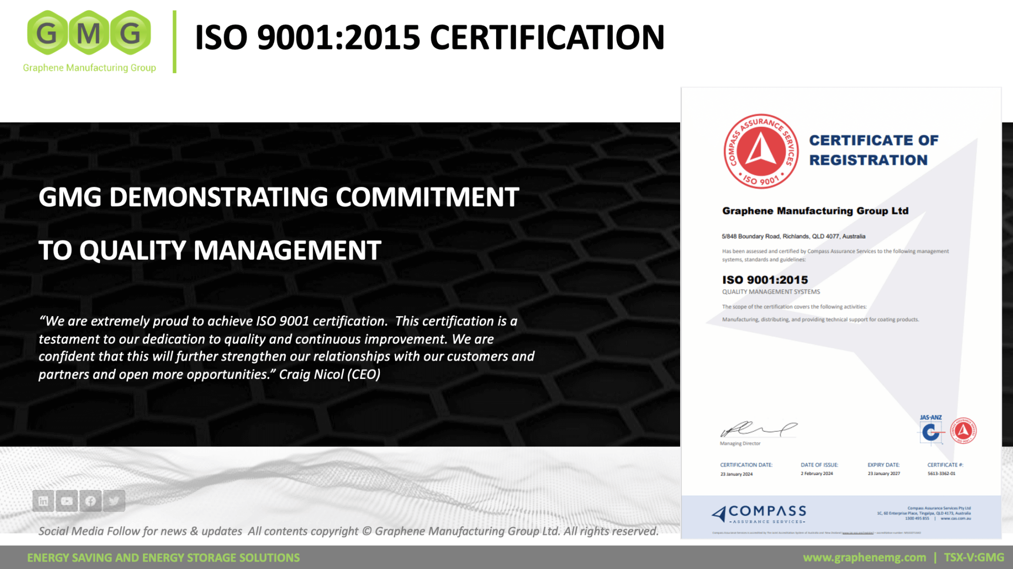 Graphene Manufacturing Group ISO 9001:2015 Certification, Demonstrating Commitment to Quality ...